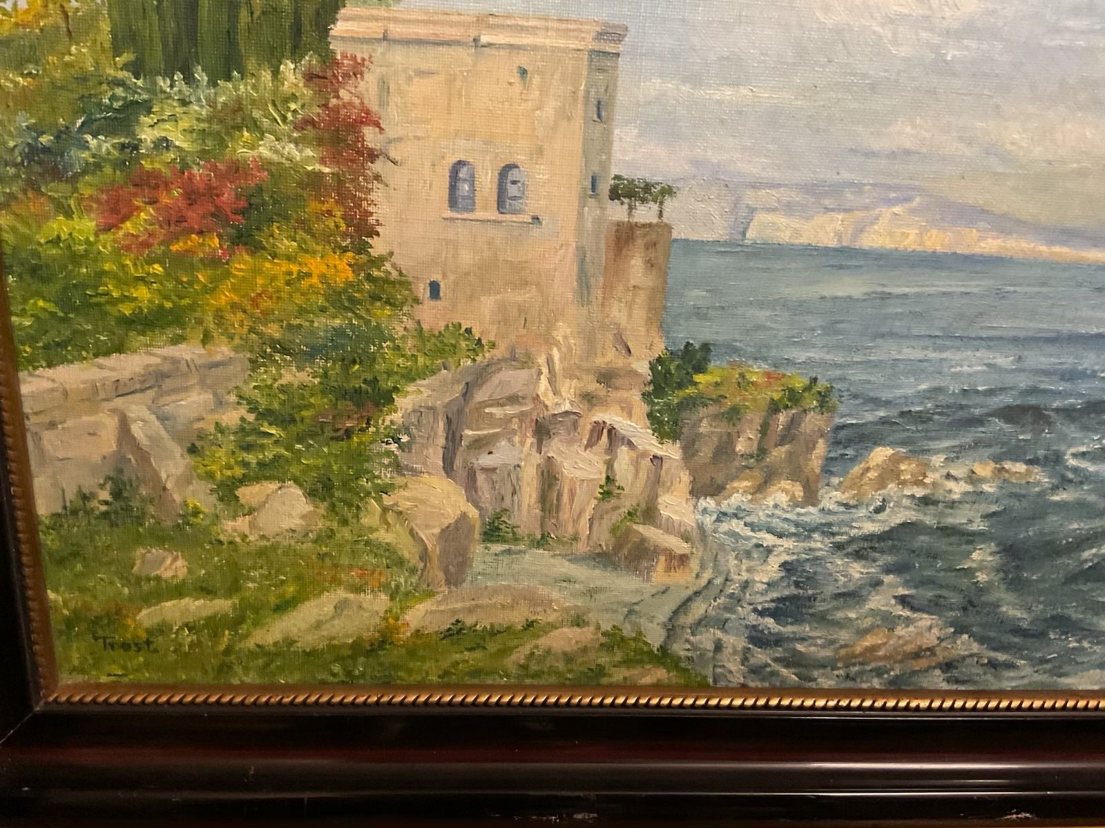 Ölbild auf Holz, Jugendstil Rahmen, Bild Haus am Meer (Gebraucht) in Otelfingen für CHF 110 ...