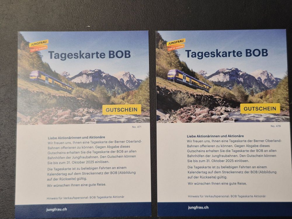 Zwei Tageskarten der BOB Berner Oberland Bahnen (Neu (gemäss ...