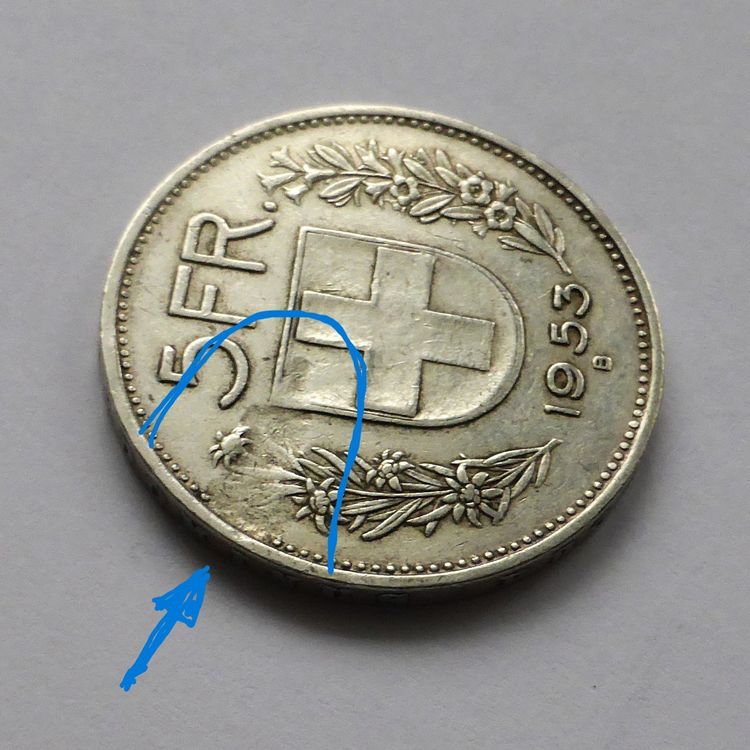 5 Fr. 1953, grosser Fremdkörper beim Prägen - ABART - rar !! (Gebraucht) in Buochs für CHF 14 ...