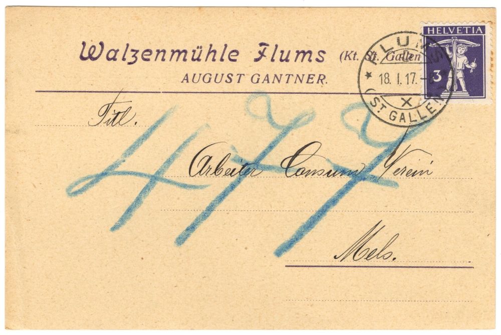 FLUMS auf Firmenkarte von August Ganter, Walzenmühle Flums (Gebraucht ...