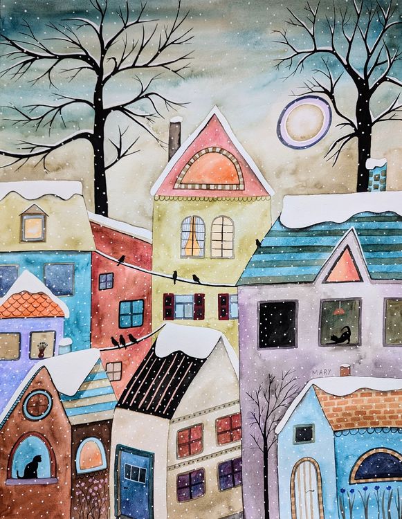 Original Aquarell Winter Wunderland II naive Kunst Bild (Neu und originalverpackt) in Wittenbach ...