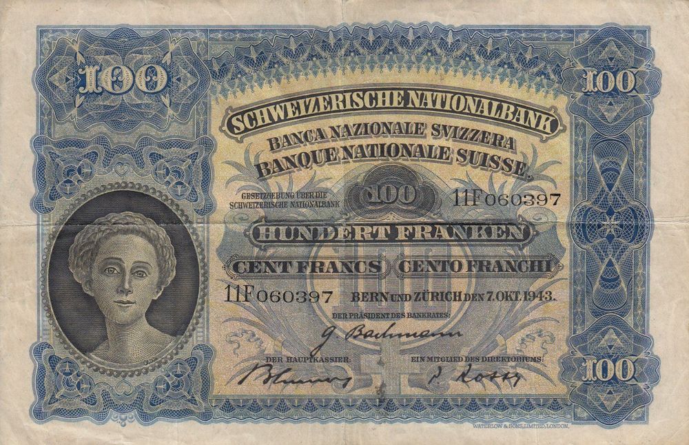 100 Franken Note – 1943 – Nr. 11F 060397 (Gebraucht) in für CHF 46 ...