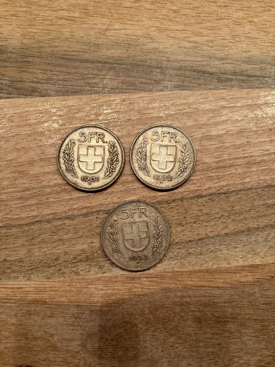 3x 5 Franken Silbermünzen Schweiz Jahrgang 1931/1932/1933 (Gebraucht) in Gerlikon für CHF 40 ...