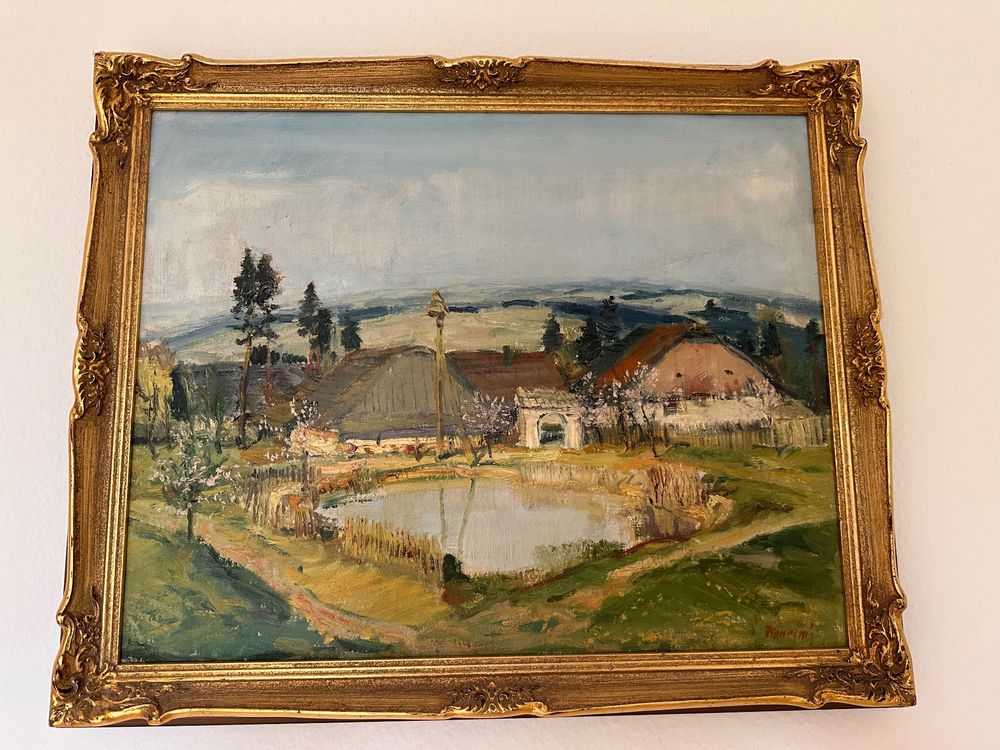 Ölgemälde Landschaft Bauernhof Frühling im goldenen Rahmen (Gebraucht) in Arlesheim für CHF 60 ...