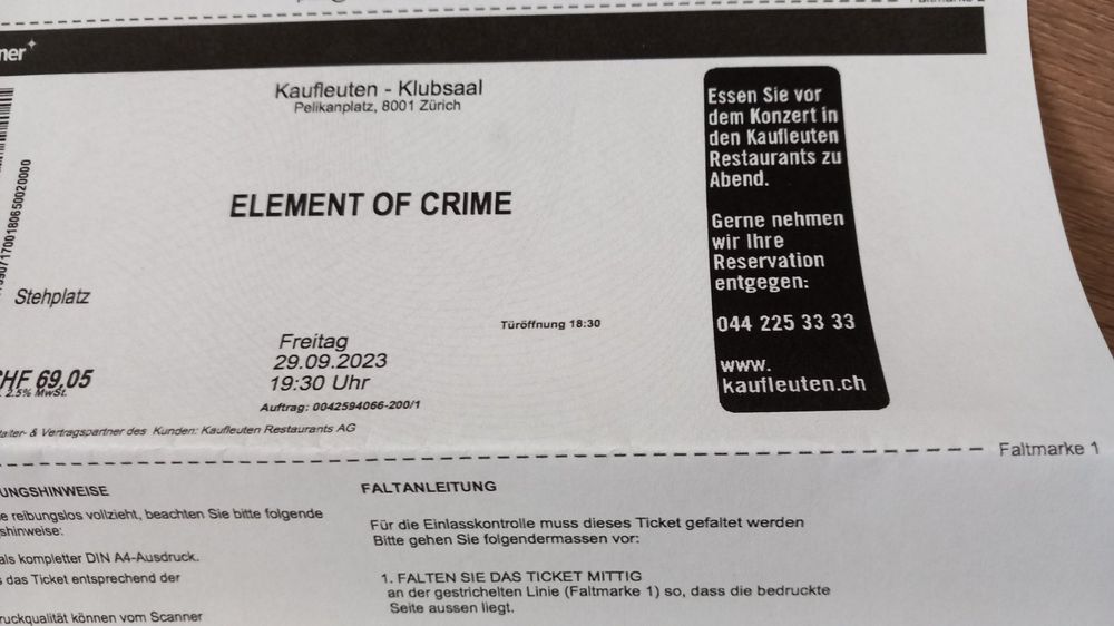 Stark vergünstigtes Ticket Element of Crime Zürich 29.9 (Neu und ...