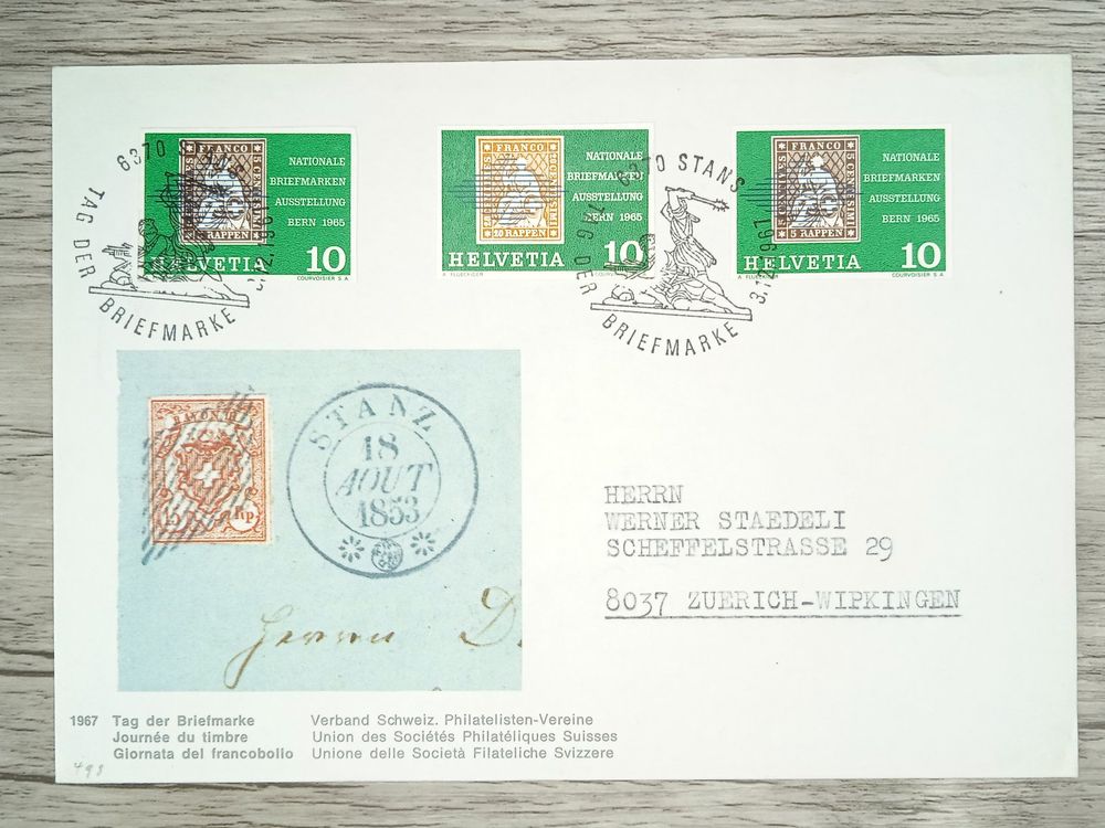 TR93 Enveloppe Suisse Journée du Timbre 1967 (Gebraucht) in Cousset für CHF 1.1 – mit Lieferung ...