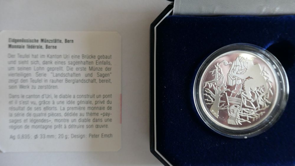Gedenkmünze Teufelsbrücke UR, 1994, PP, Silber, 20 Fr. (Neu und originalverpackt) in ...