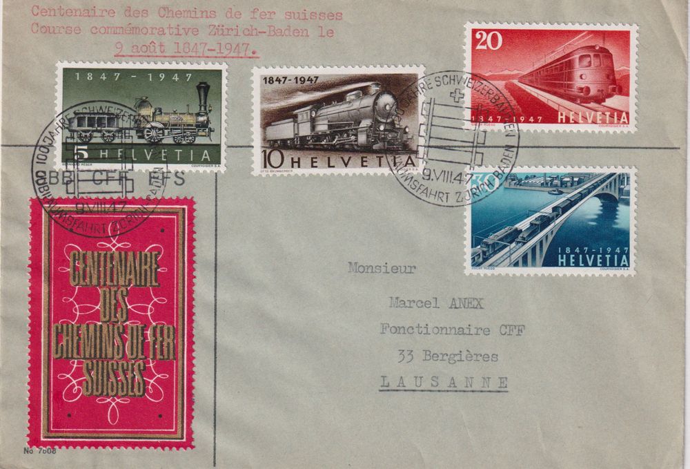 Schweiz 1947: FDC 100 Jahre Eisenbahnen mit Vignette | Kaufen auf Ricardo