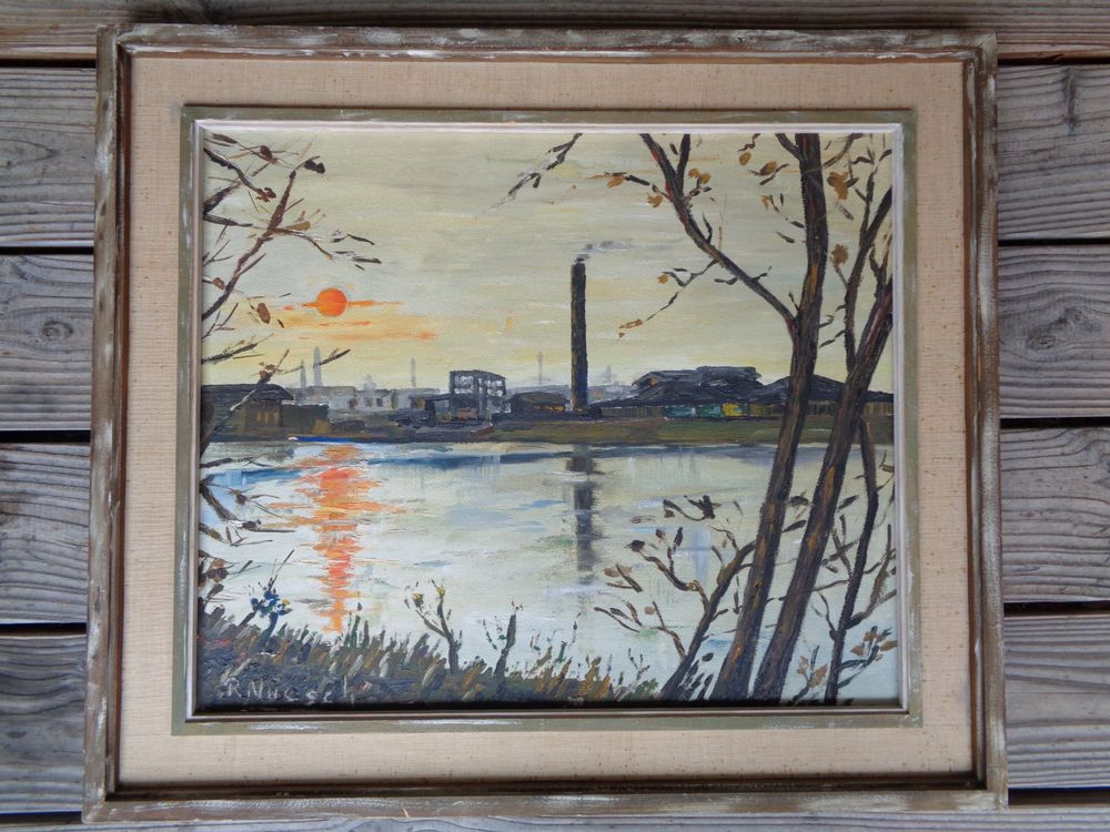 OELGEMÄLDE DER RHEIN BEI BASEL SONNENUNTERGANG SIGN. NUESCH | Kaufen ...