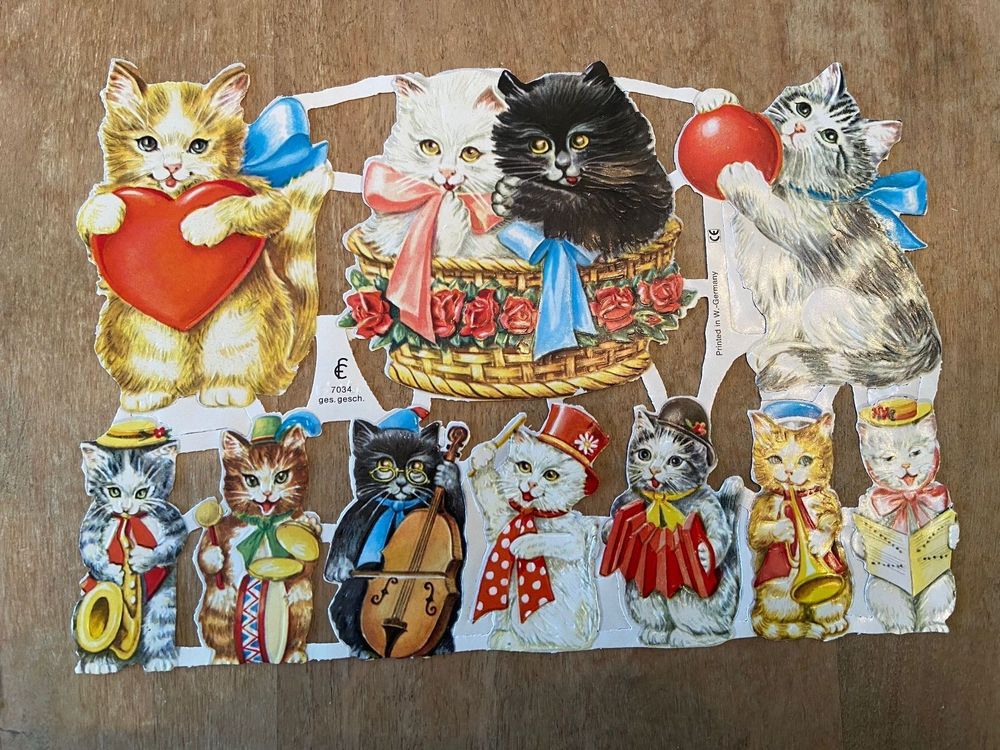 Oblaten Glanzbilder Nostalgie menschliche Katzen Katzenmusik (Neu und originalverpackt) in ...