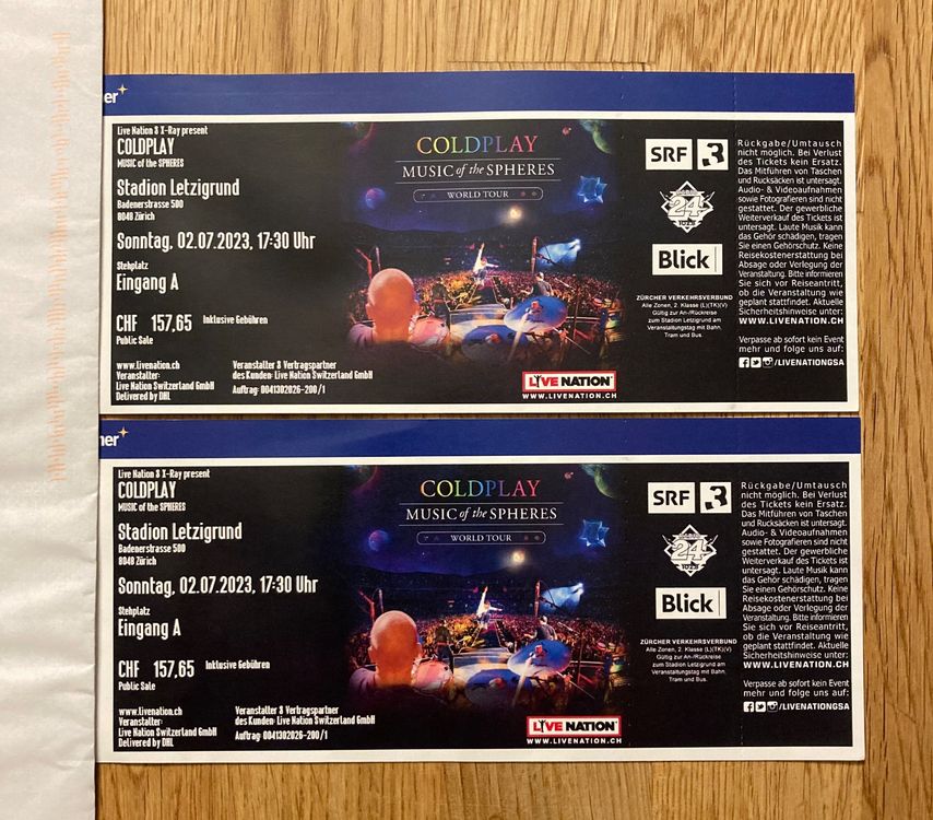 2x Coldplay Tickets Zürich 02.07. ab Originalpreis!!! | Kaufen auf Ricardo