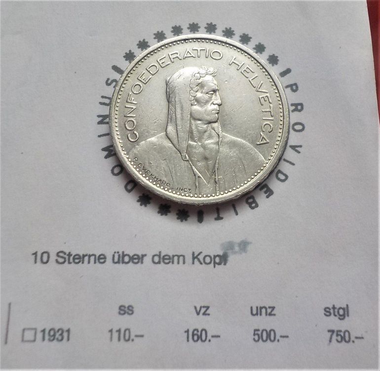 ABART RARER CH 5 Fr, 1931 mit 10 STERNEN ü.d.Kopf SILBER (Gebraucht) in Glis für CHF 71 – mit ...