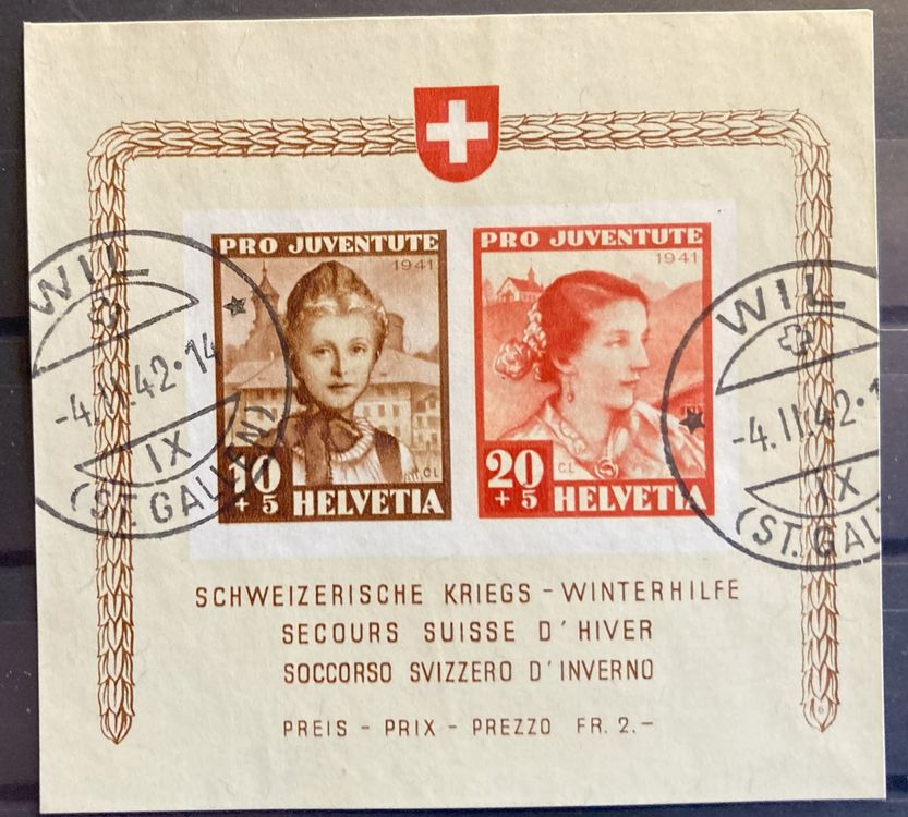 PJ Block 6 1941 gestempelt 'WIL SG', SBK 500 Fr. (Gebraucht) in Flawil für CHF 49 – mit ...