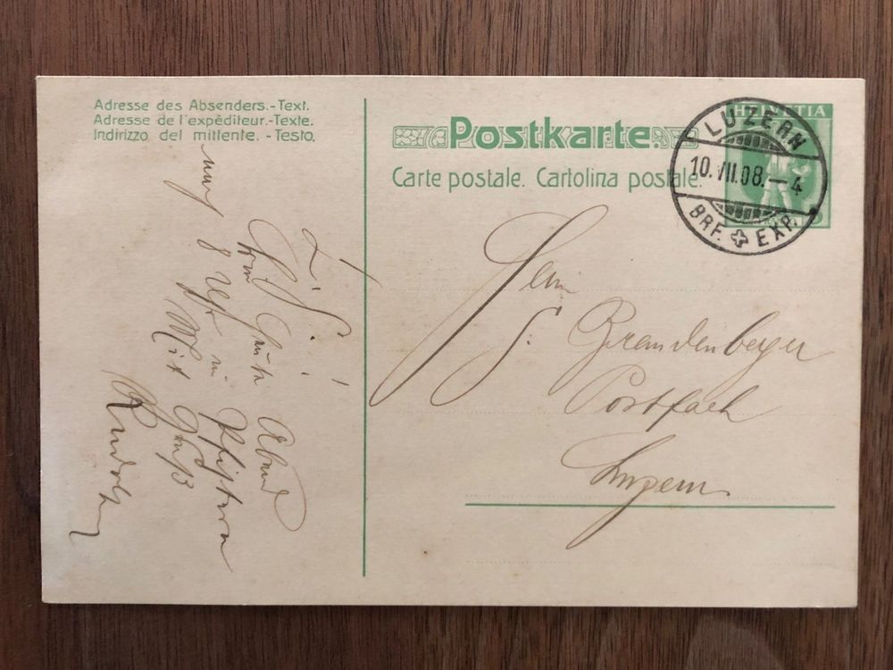 Postkarte 1907; Stempel Luzern Briefversand 10.7.08 | Kaufen auf Ricardo