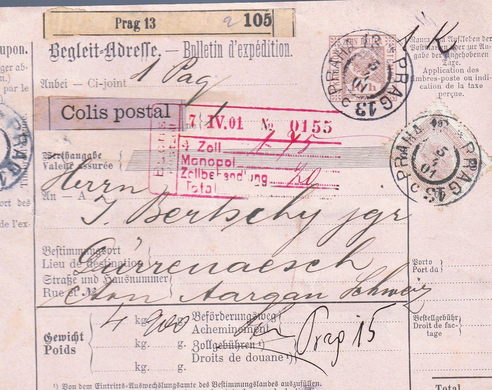 Begleit Zettel nach Dürenäsch Aargau von Prag 1901 (10) (Gebraucht) in ...