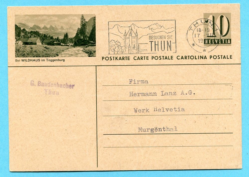 Postkarte von Thun nach Murgenthal 1957 (Gebraucht) in Opfikon für CHF ...