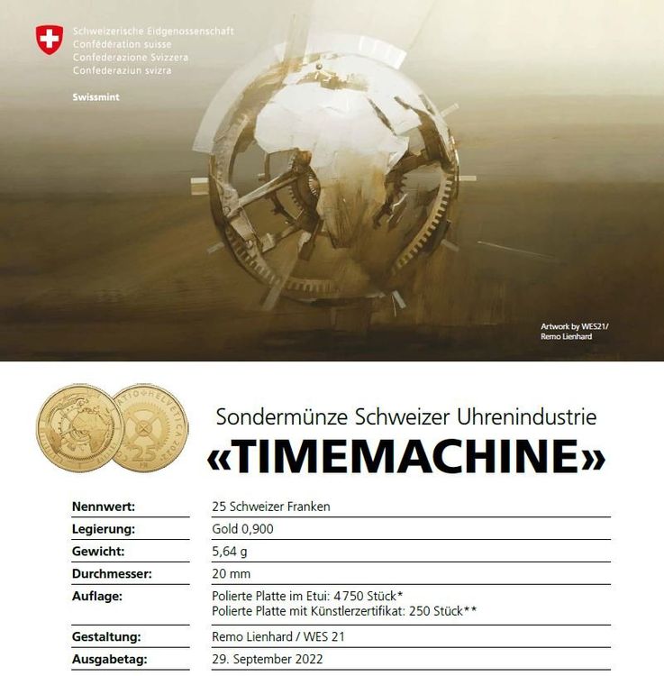 Swissmint Goldmünze «Timemachine» SIGNIERT - 25Fr. Au PP (Neu und originalverpackt) in Vionnaz ...