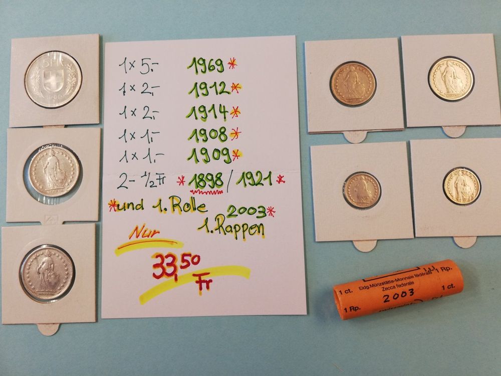 Schweizer Silbermünzen 5Fr/2Fr/1Fr/50Rp/1 Rp. Rolle (Gebraucht) in Engi für CHF 31.5 – mit ...