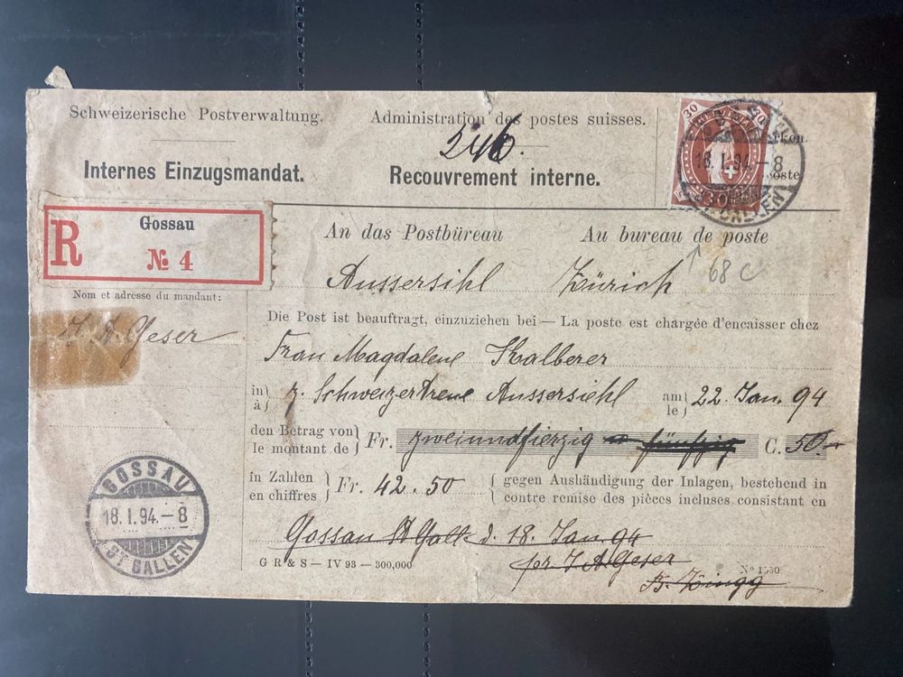 CH 1894 R-Einzugsmandat 30 Rp.stehende Gossau SG Zürich (Gebraucht) in Liestal für CHF 10 – mit ...