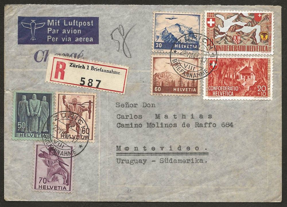 Flugpost Schweiz 1941 Zürich Montevideo Uruguay Luftpost (Gebraucht) in Au ZH für CHF 20 – mit ...