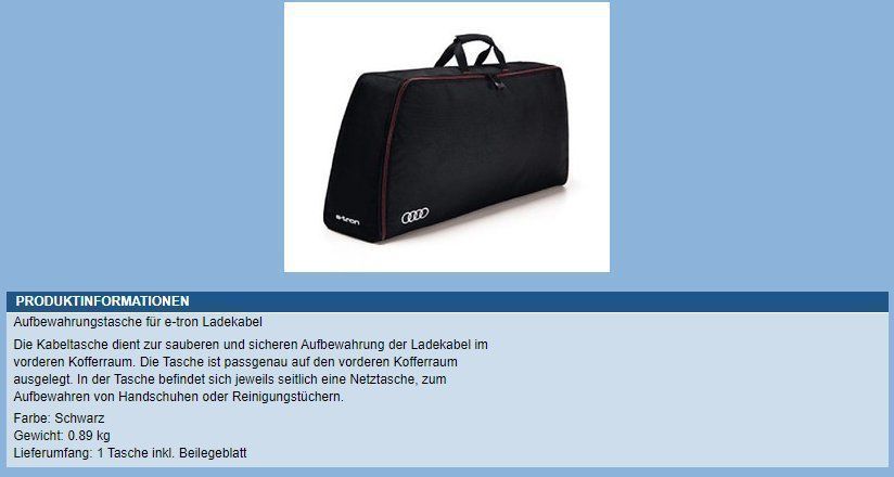 Audi Tasche für E-Tron Ladekabel 73x35 (Neu (gemäss Beschreibung)) in ...