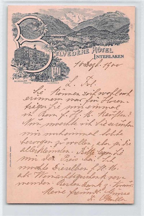 antike LITHO-Karte - HOTEL BELVEDERE INTERLAKEN mit UPU 1900 (Gebraucht) in Lufingen für CHF 25 ...