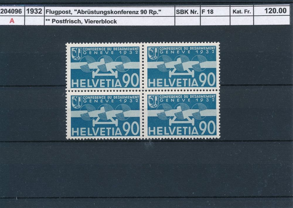 1932 Flugpost, "Abrüstungskonferenz 90 Rp. Viererblock" (Neu (gemäss Beschreibung)) in ...