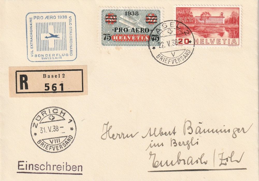 Pro Aero Sonderflugbrief 1938, Einschreibebrief BS-ZH (Gebraucht) in Turgi für CHF 1 – mit ...