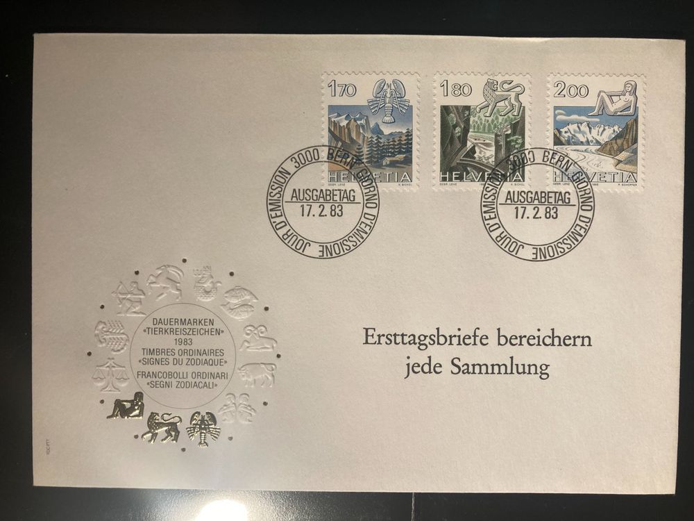 Schweiz 1983 Ersttagsbrief Satz Tierkreiszeichen 17.2. (Gebraucht) in Liestal für CHF 1.5 – mit ...