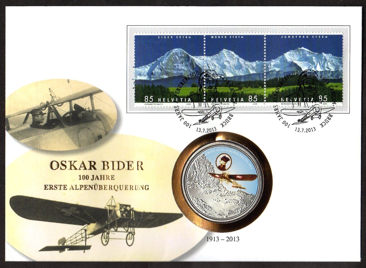 Numis Oskar Bider, 100 Jahre Rekordflug, super Farbmedaille (Neu ...