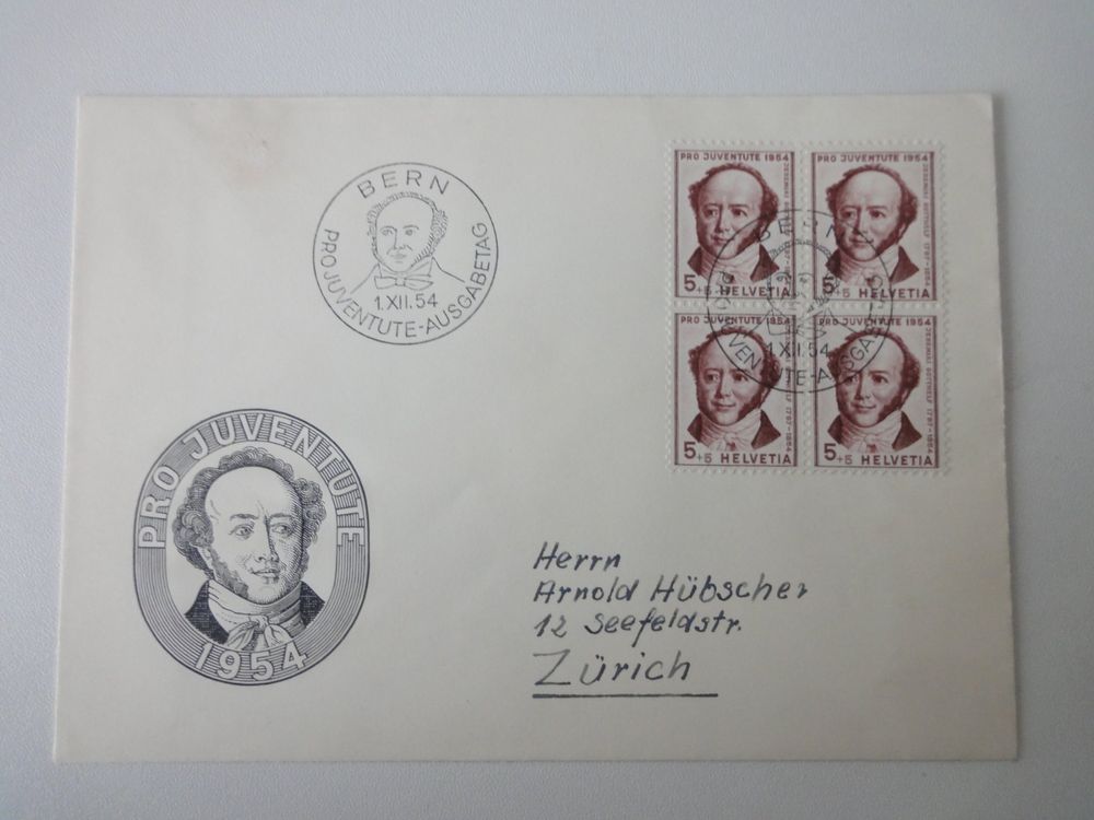572.) Couvert Pro Juventute 1954, 4er Block, gestempelt (Gebraucht) in Winterthur für CHF 2.6 ...