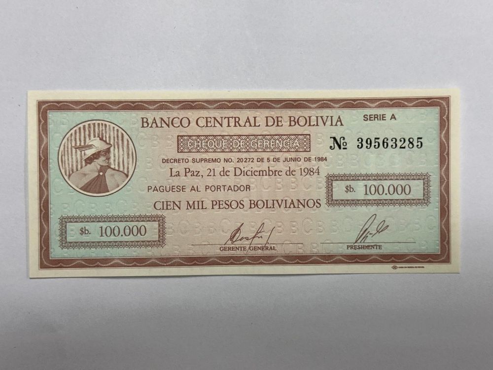 Bolivien 100'000 Pesos 1984, Cheque de Gerencia (Neu (gemäss ...