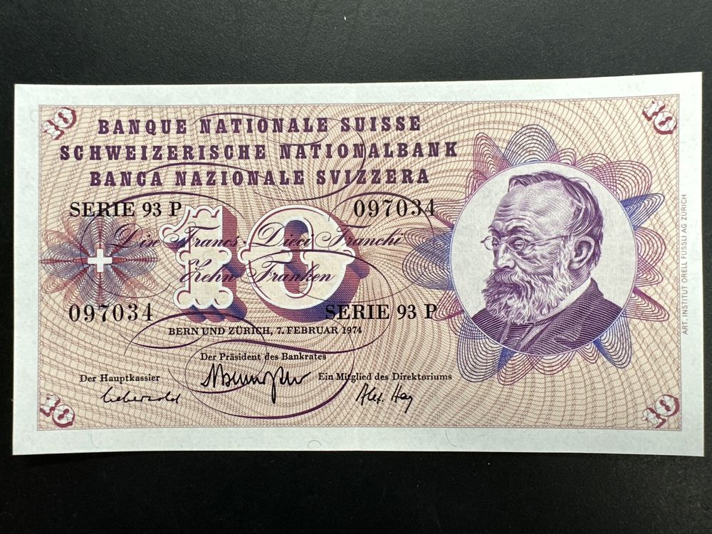 10 Fr.-Note Schweiz 1974, 1xgefaltet (Gebraucht) in Herisau für CHF 4 ...