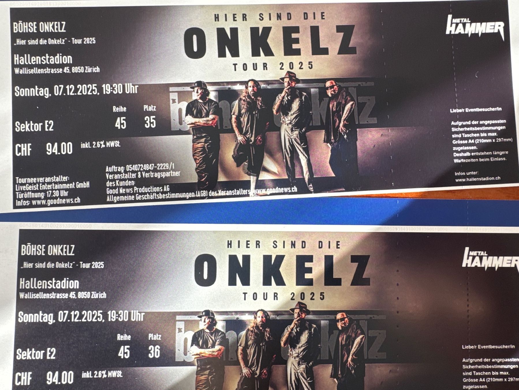 2x TOP Sitzplatz Tickets im E2 Böhse Onkelz Zürich (Neu und originalverpackt) in Frauenfeld für ...