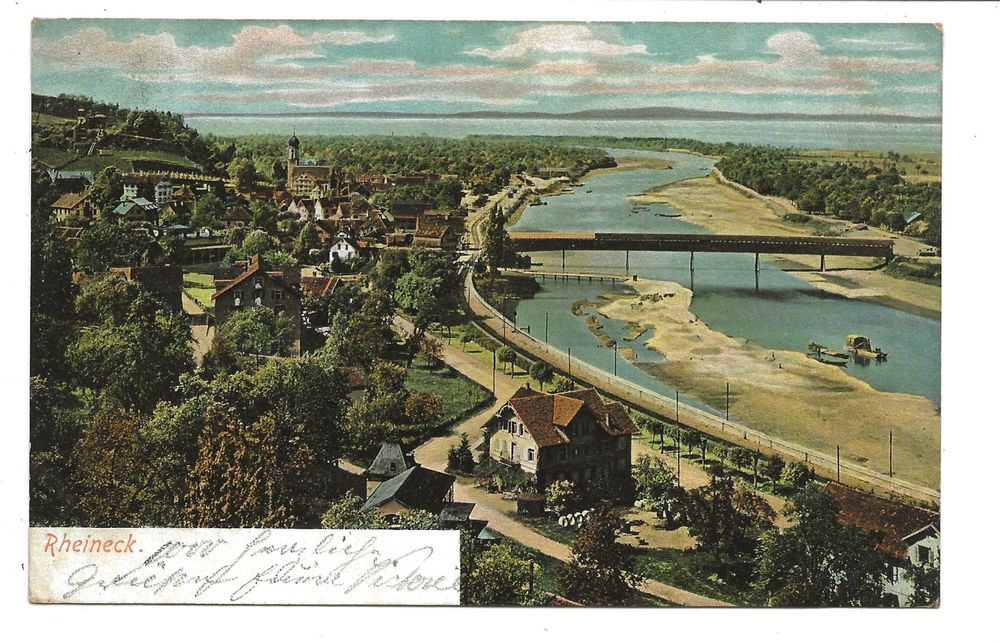 Rheineck (SG) Dorfpartie mit Kirche - Holzbrücke Rhein 1907 (Gebraucht) in Engelburg für CHF 15. ...