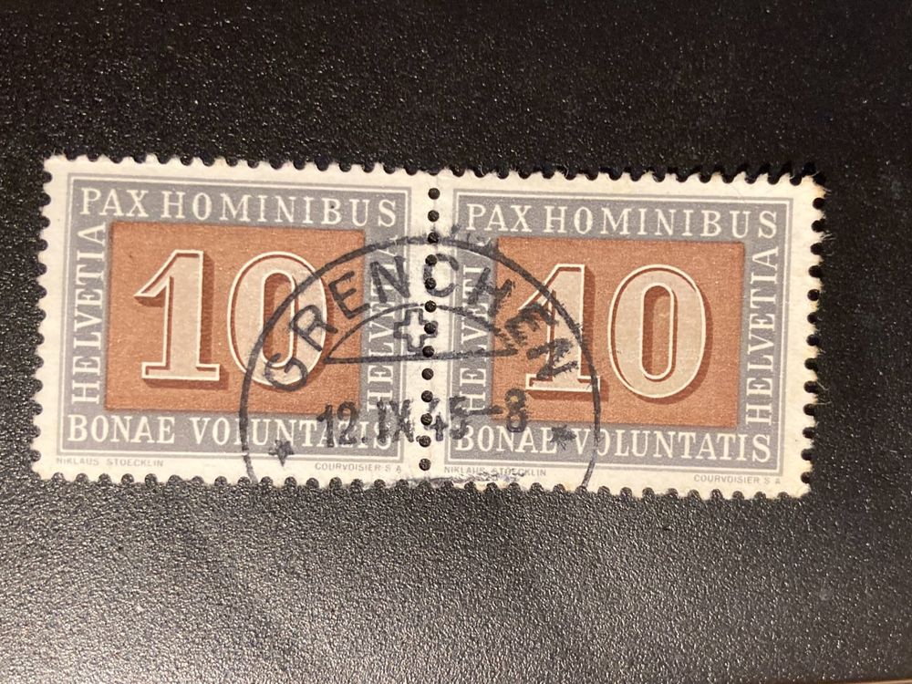 Schweiz 1945 PAX Paar 10 Rp Vollstempel GRENCHEN 12.IX.45 (Gebraucht) in Liestal für CHF 1 – mit ...