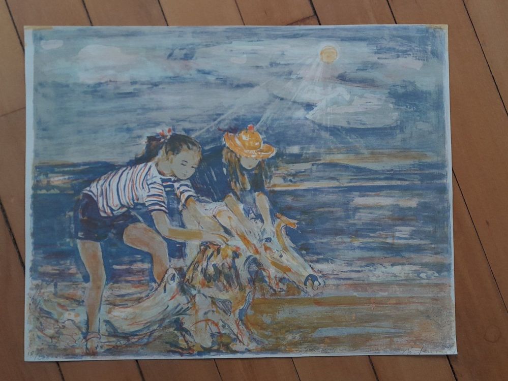 Lithografie? - Genoud Nanette - Zwei Mädchen mit Hund am See | Kaufen auf Ricardo