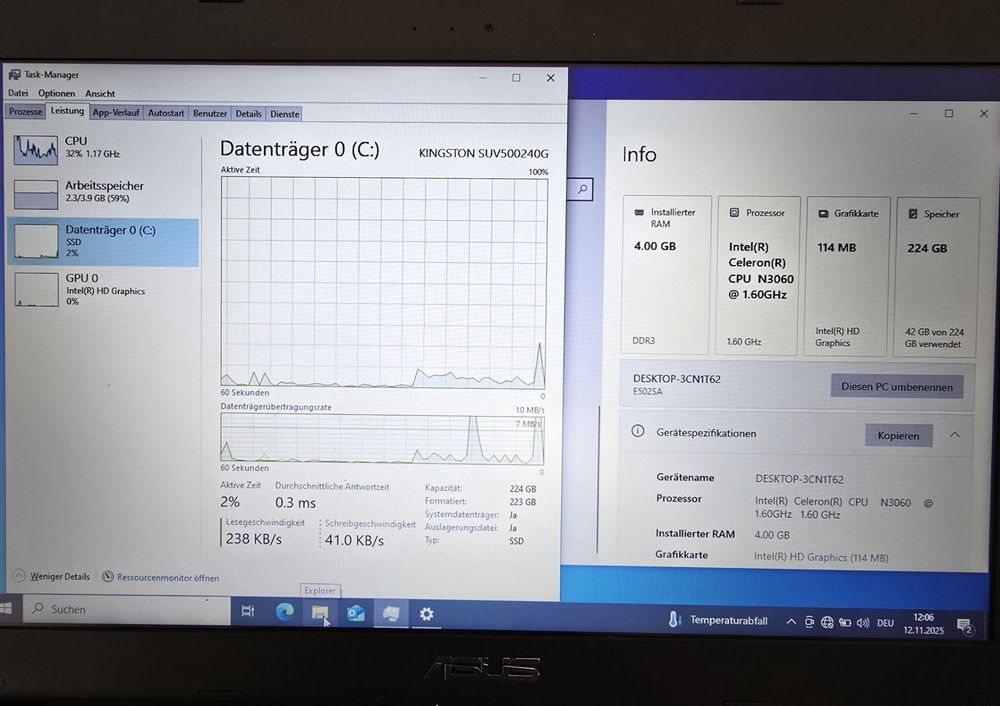 ASUS E502 Celeron CPU N3060 1.60Ghz, 4GB Ram, 240 GB SSD (Gebraucht) in ...