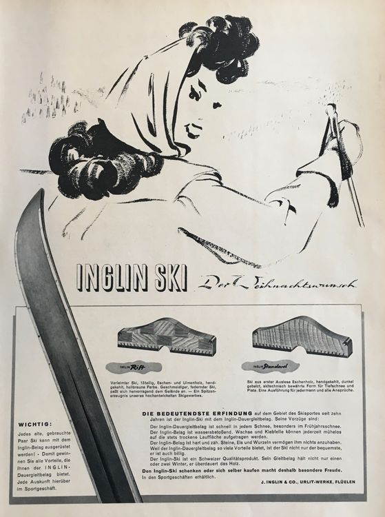 Vintage Reklame, Inglin Ski, Flüelen, Wintersport, 1945 | Kaufen auf ...