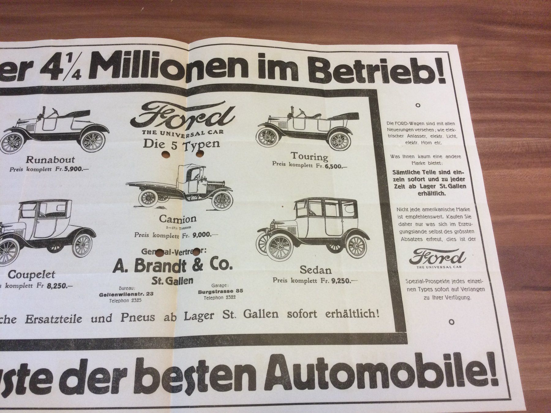 Orginales Ford Auto Prospekt von A. Brand St. Gallen 1921 (Gebraucht ...