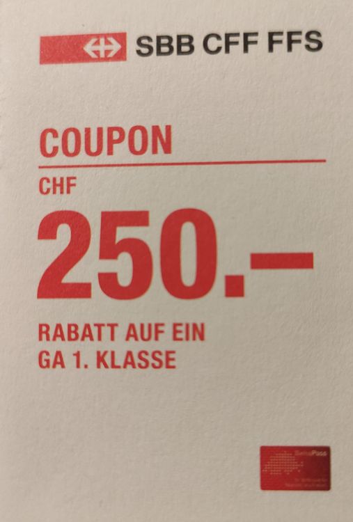 SBB GA Gutschein 250 CHF - 1. Klasse (Neu und originalverpackt) in Hünenberg für CHF 15 – mit ...