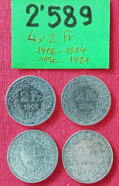 4 x 2 Fr Silbermünzen 1906-1914-1920-1921 ab nur 1.00 Fr !!! (Gebraucht) in Camignolo für CHF 23 ...