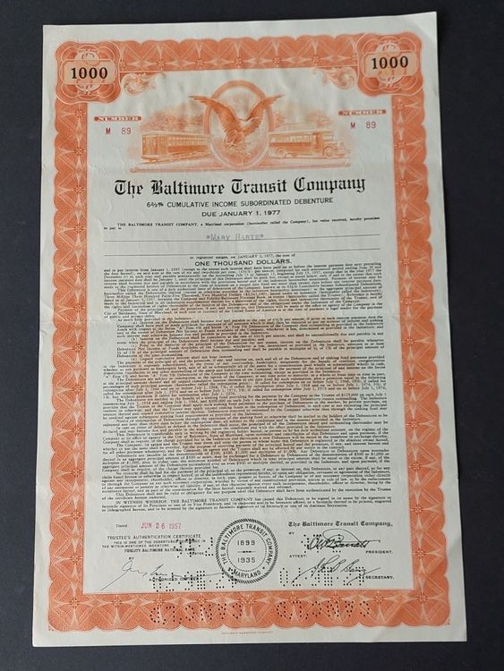 Baltimore Transit Company 1957, 1000 Dollar Bond (Gebraucht) in Zürich ...