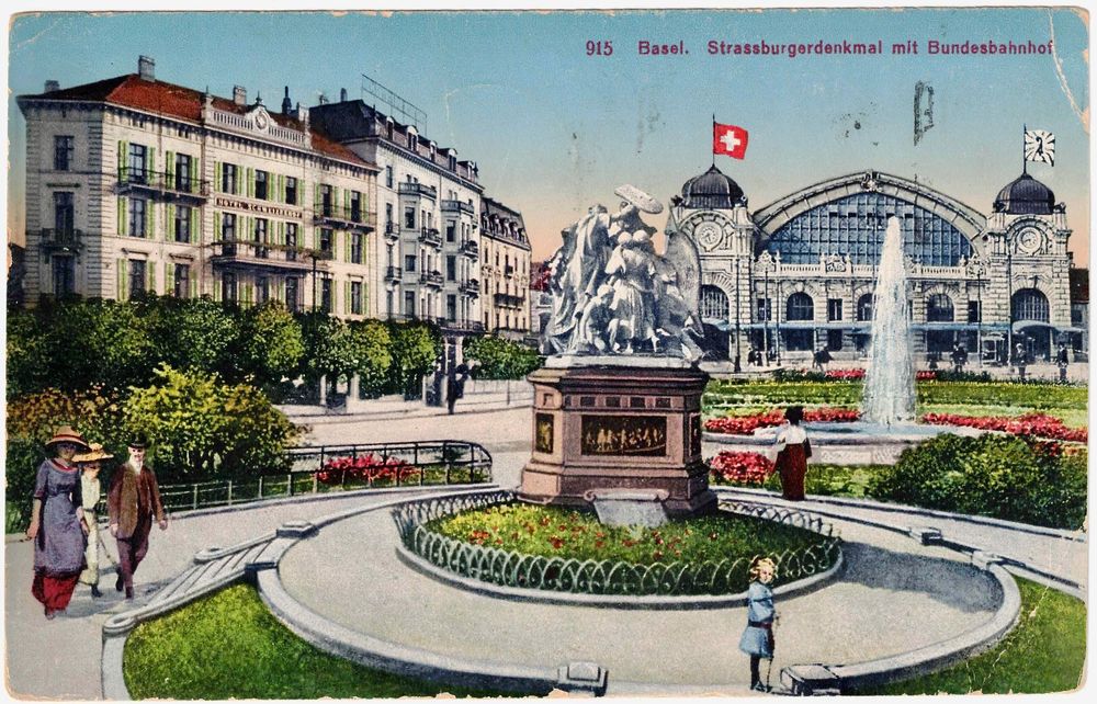 BASEL - Strassburgerdenkmal m.Bundesbahnhof mit Leuten 1915 | Kaufen auf Ricardo