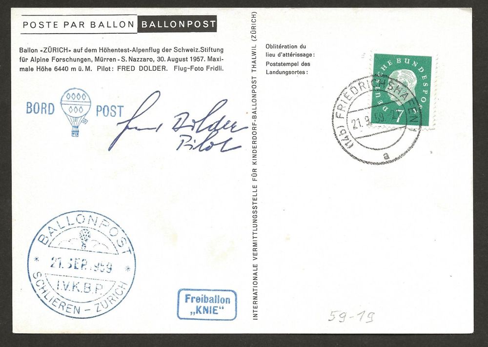 Ballon Schweiz 1959 Schlieren Fiedrichshafen Luftpost (Gebraucht) in Au ZH für CHF 4 – mit ...