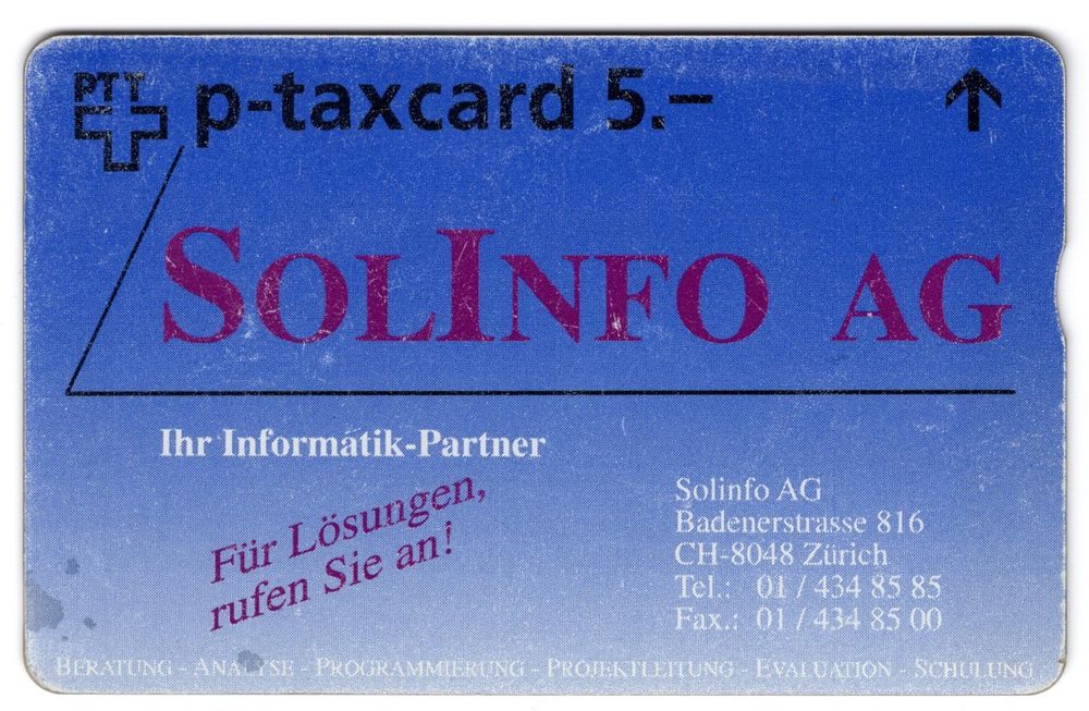 5.- SOLINFO AG - seltene FullFace Firmen Taxcard (Gebraucht) in für CHF 0.5 – mit Lieferung auf ...