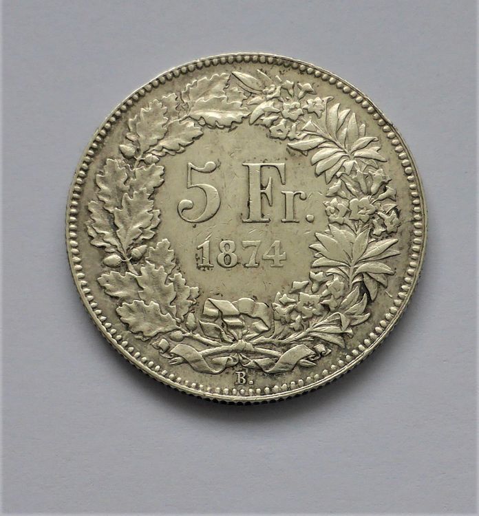 Grosser Silber 5 Fr. 1874 B. - sitzende HELVETIA (Gebraucht) in Buochs für CHF 156 – mit ...