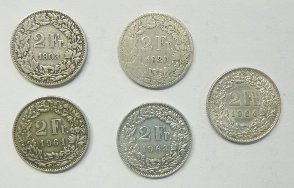 Schweiz 5 x 2 Franken, 1903, 1920, 1961, 1963, 1964, 1964 (Gebraucht) in Mamishaus für CHF 29 ...