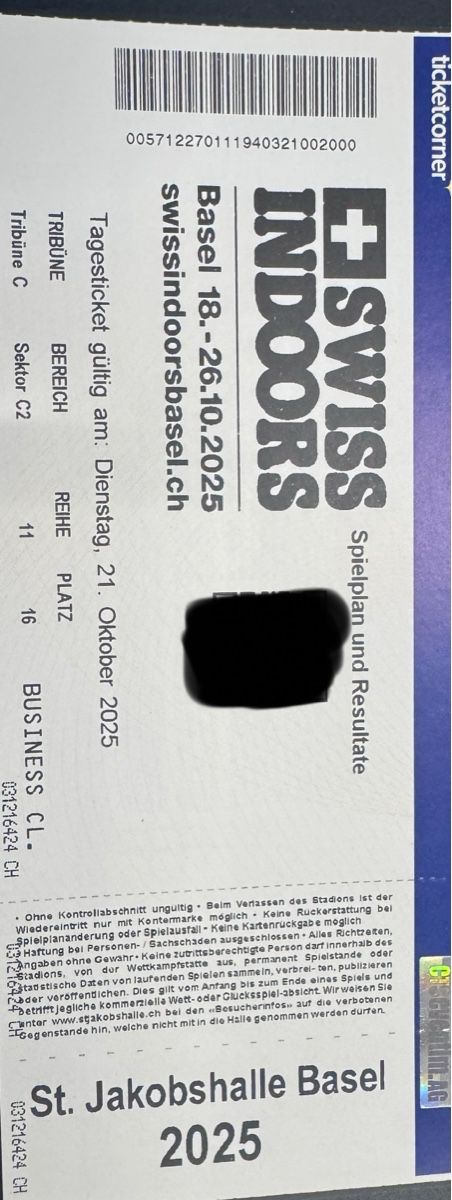 Swiss Indoors Basel 2025 Ticket, Di. 21. Oktober (Neu und ...