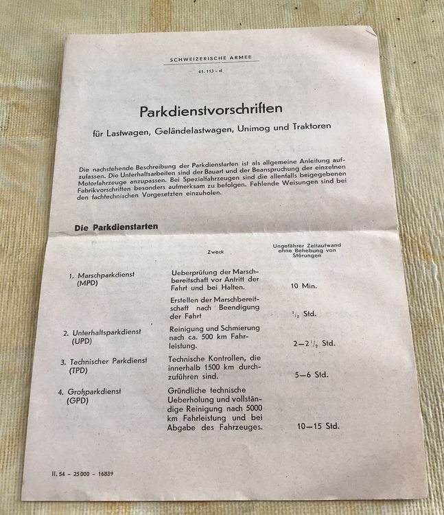 SCHWEIZER ARMEE 61.113-D PARKDIENST FÜR LASTWAGEN GELÄ. (Gebraucht) in ...